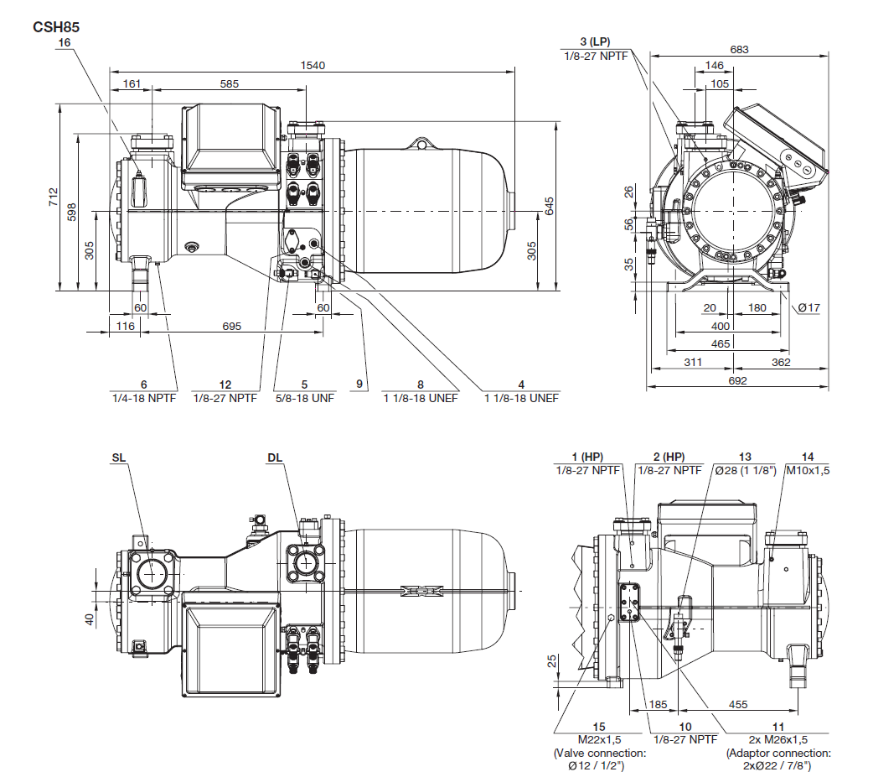 Bitzer. Винтовой компрессор CSH8563-125Y-40P, технические характеристики
